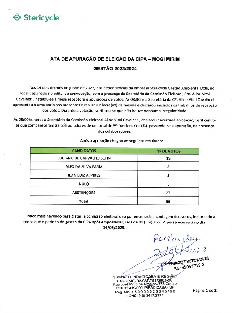 Ata de Apuração de Eleição Da Cipa - Mogi Mirim Gestão 2023-2024 | PDF
