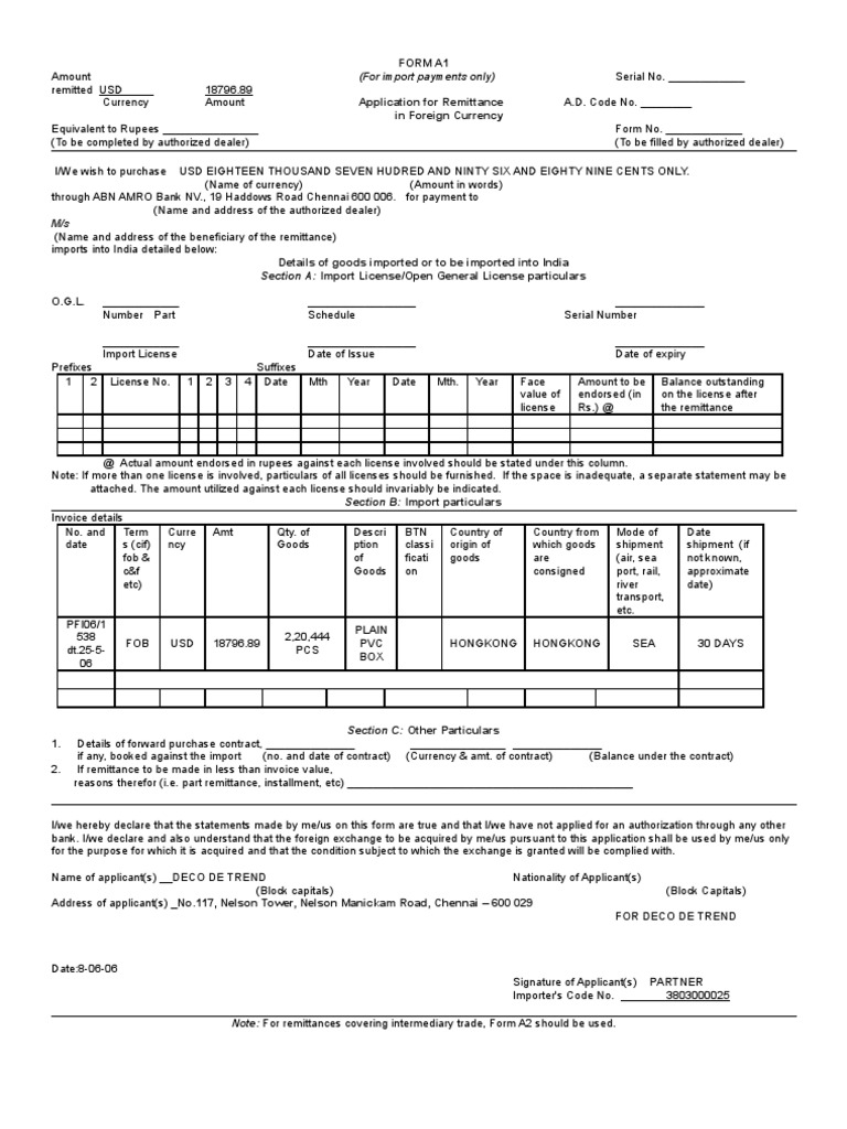 Form A1 for Import Remittance | PDF | Invoice | Business Law