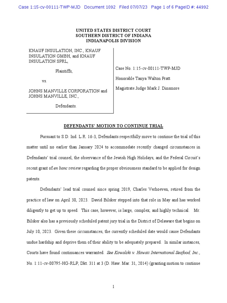 Knauf v. Johns Manville - Motion To Continue Trial (Because LKQ) | PDF ... Knauf v. Johns Manville - Motion To Continue Trial (Because LKQ) | PDF ...