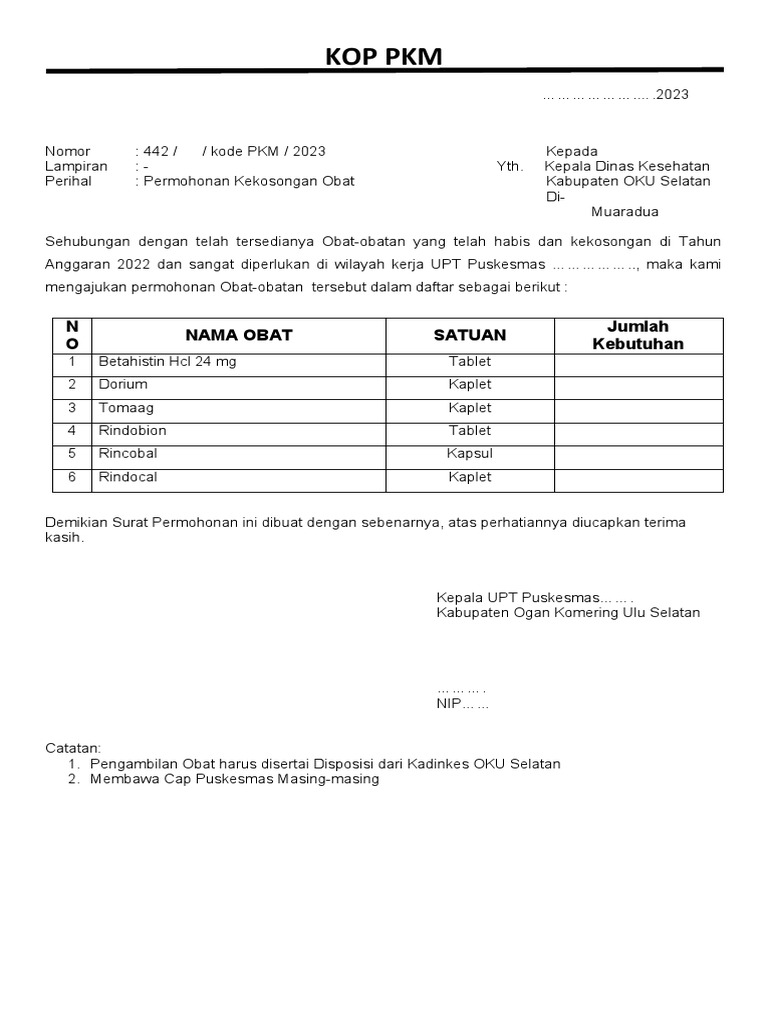 Contoh Surat Permintaan Kekosongan Obat Pdf