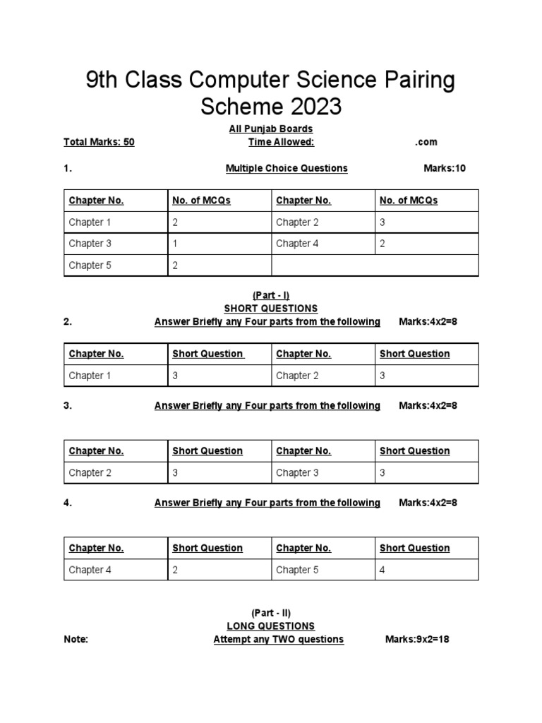 9th Class Computer Science Pairing Scheme 2023 | PDF