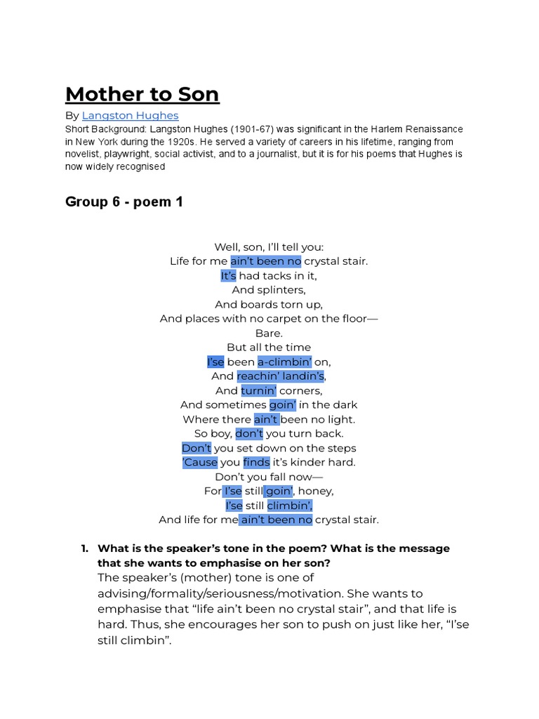 Mother to Son: A Poetic Resilience | PDF | Poetry | Stairs
