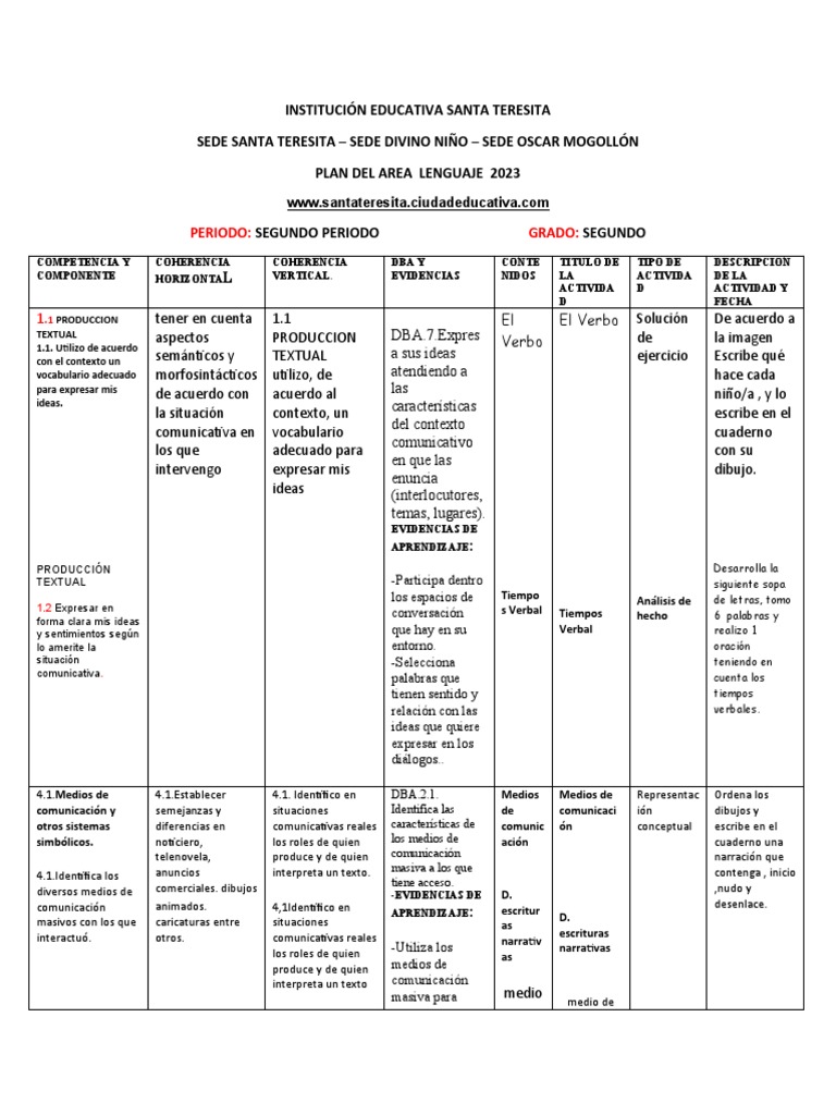 Plan de Area Lenguaje 2 Periodo Grado 2 | PDF | Comunicación | Verbo