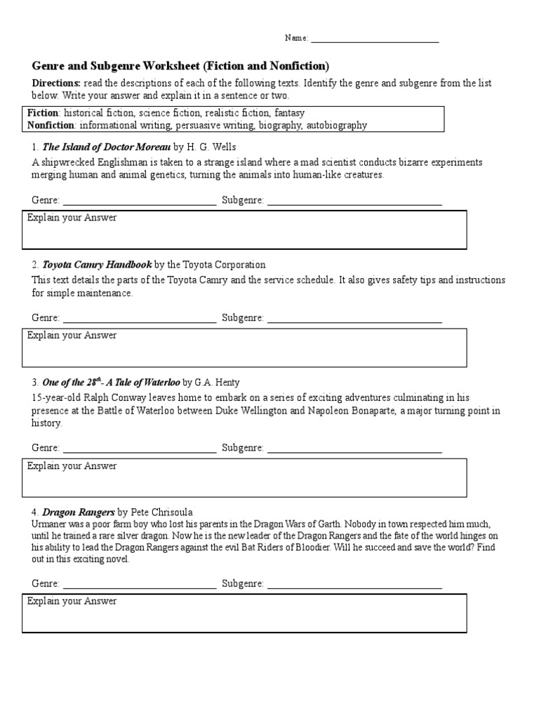 Genre-Worksheet Fiction and Nonfiction | PDF