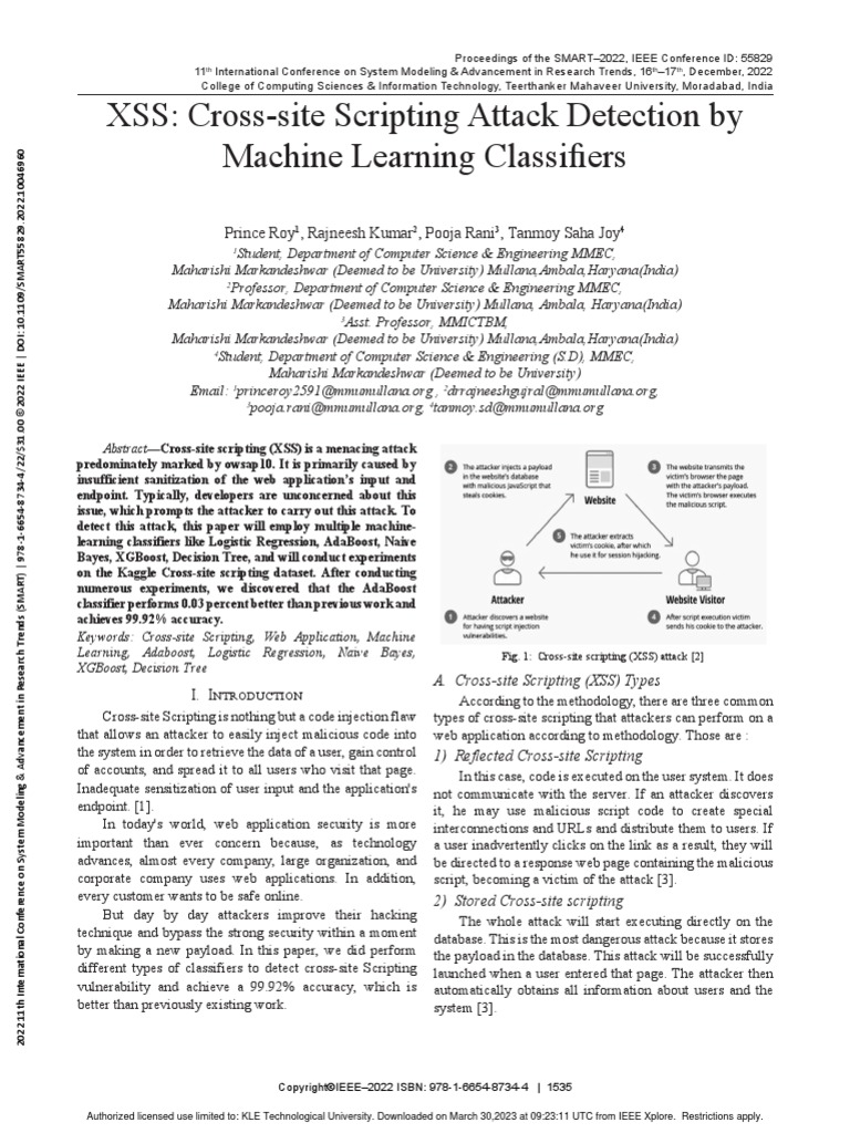 Xss Cross Site Scripting Attack Detection By Machine Learning Classifiers Pdf Applied