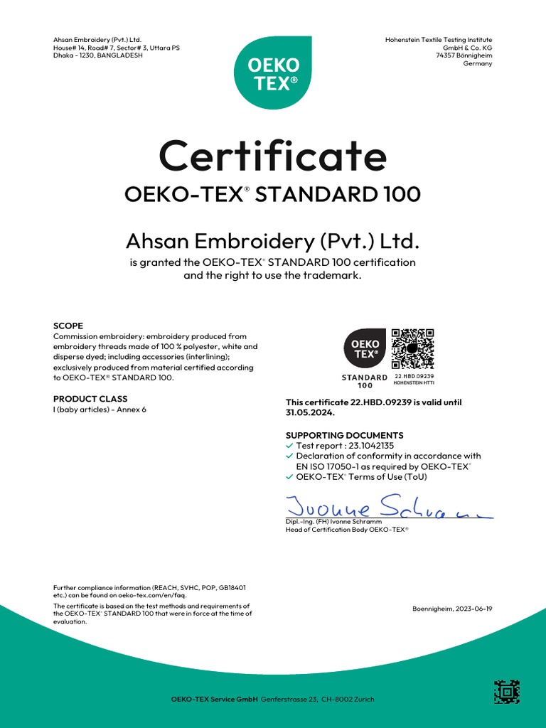 Oeko Tex Certificate (Emb Factory) | PDF | Regulation | Textiles