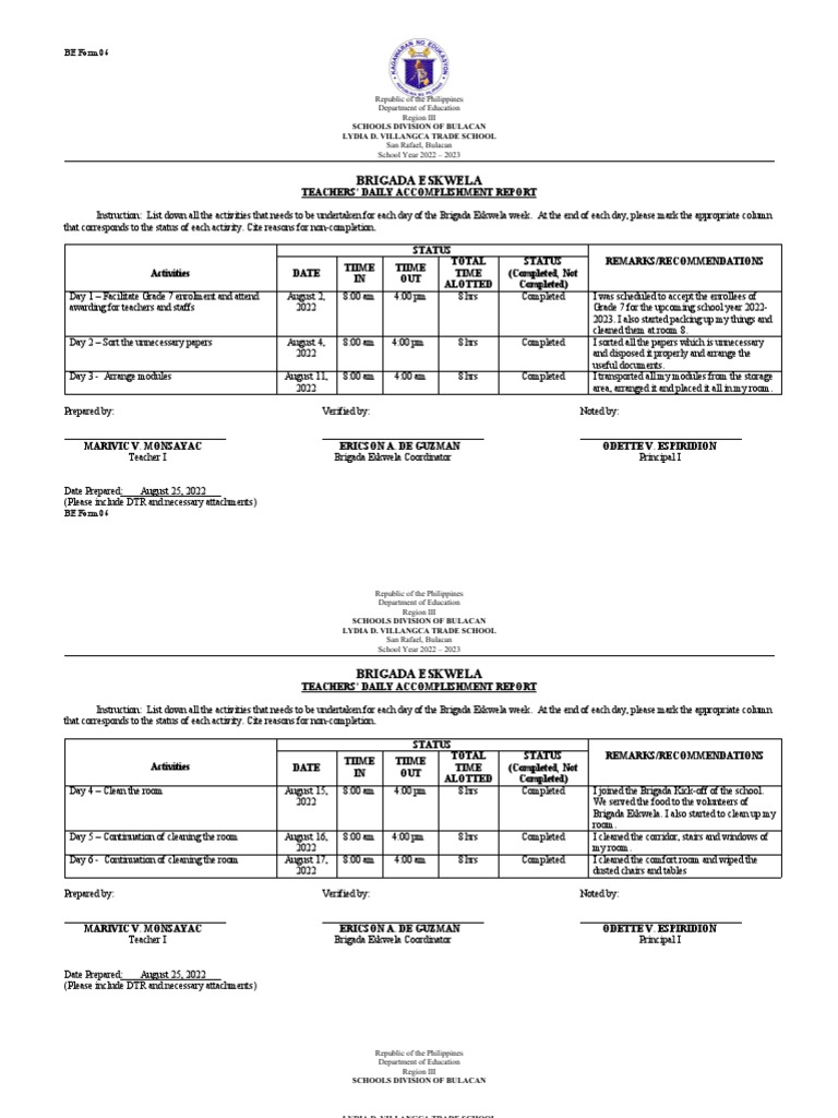 BE Form 6 Teachers LDVTS DAILY ACCOMPLISHMENT REPORT Modified For 2022 ...