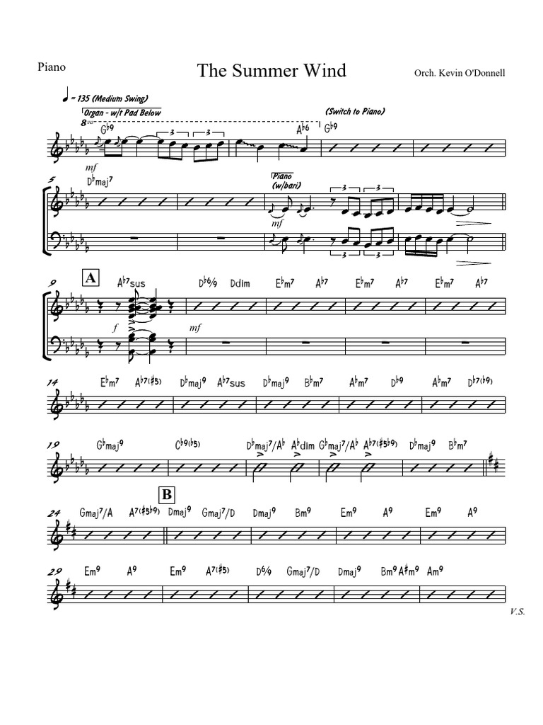 The Summer Wind (ODonnell) Piano Part 3 Pages | PDF