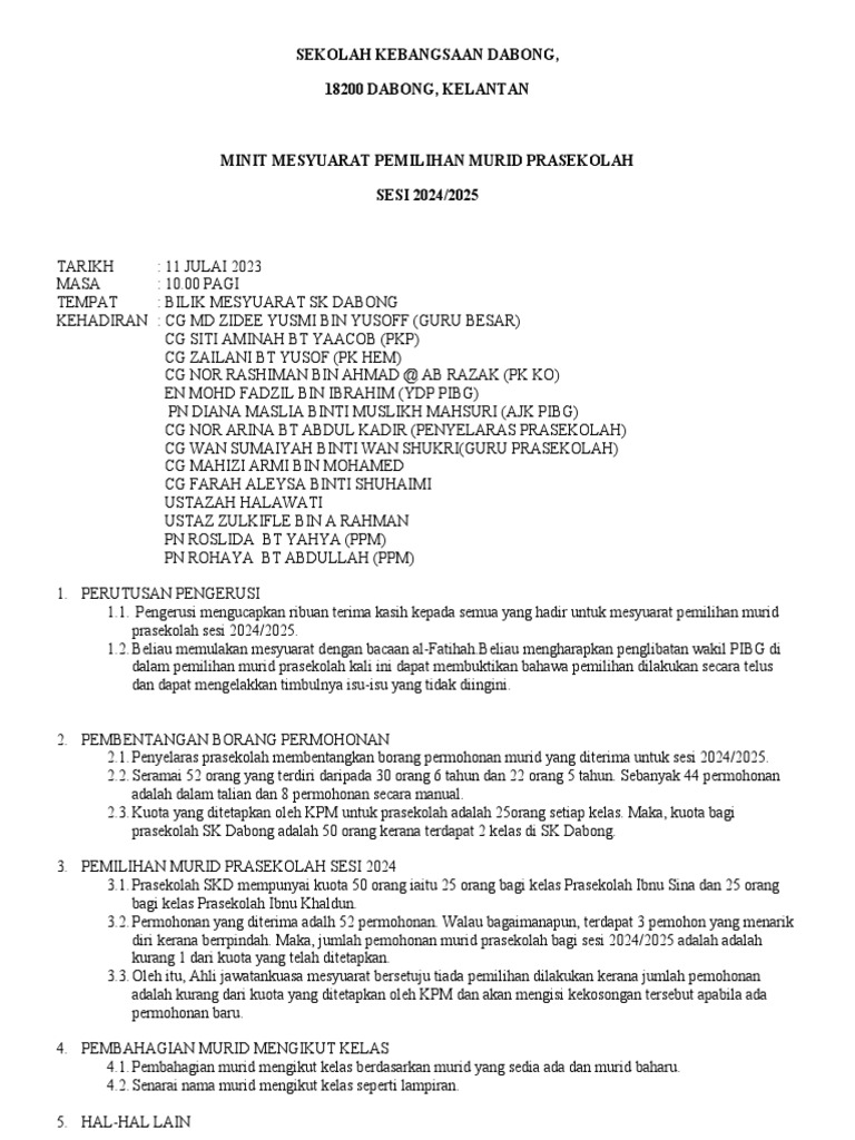 Minit Mesyuarat Pemilihan 2024 | PDF Minit Mesyuarat Pemilihan 2024 | PDF