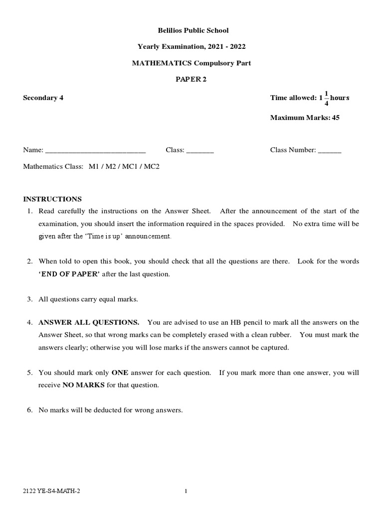 21-22 S4 Math YE P2 QP | PDF | Quadratic Equation | Mathematics