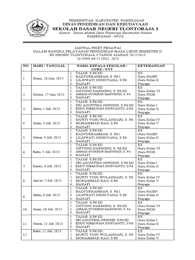 Jadwal Piket Guru TL 3 2023 SMT 2 | PDF