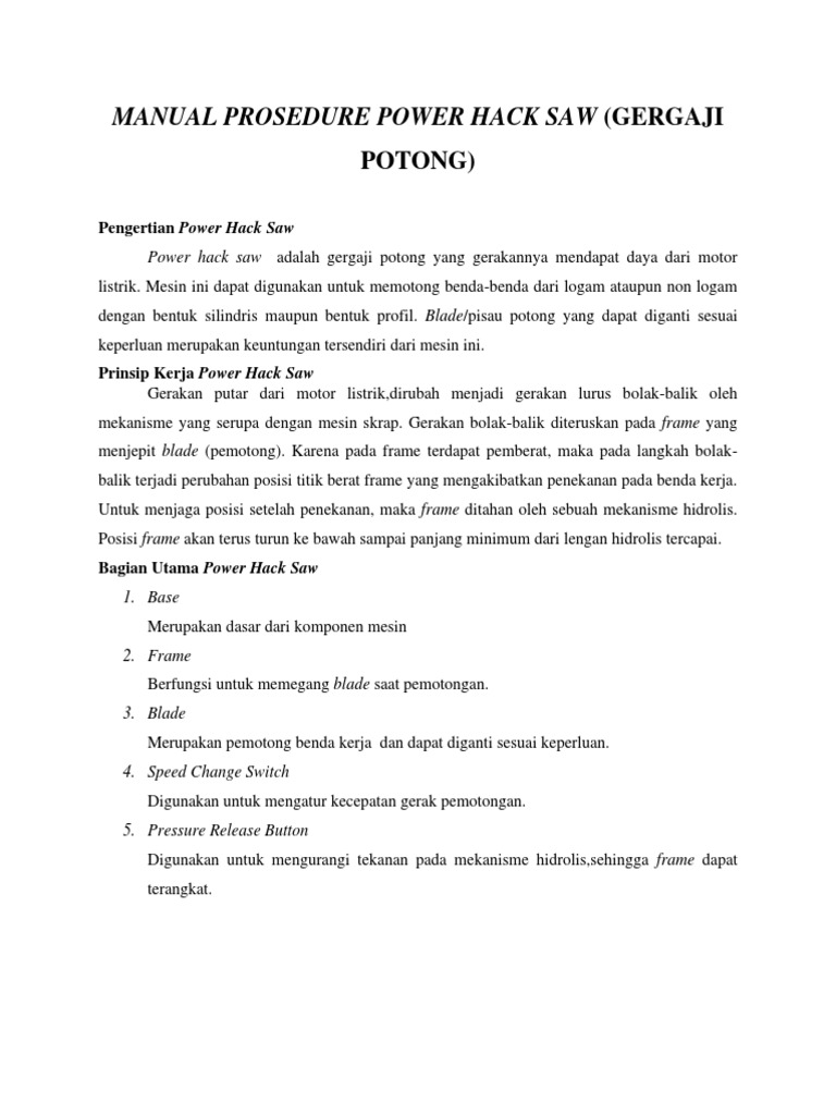 Panduan Penggunaan Power Hack Saw | PDF