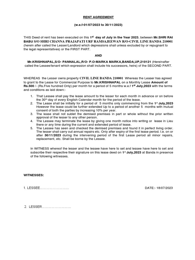 Rent Agreement and Noc-1 | PDF | Lease | Consent