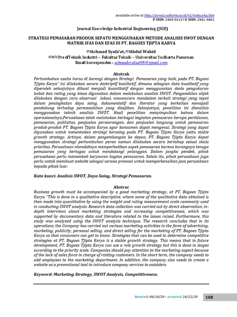 Journal Knowledge Industrial Engineering (JKIE) : Kata Kunci: Analisis SWOT, Daya Saing ...