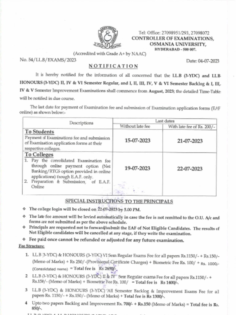 LLB Exams 3ydc Fees Payment Notification | PDF