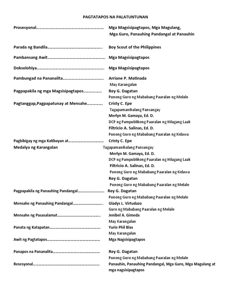 Pagtatapos Na Palatuntunan (Program) | PDF