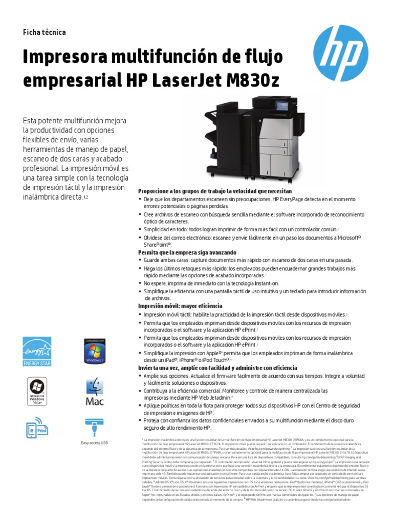 Caracteristicas Impresora HP Laserjet m830 | PDF | Impresora ...