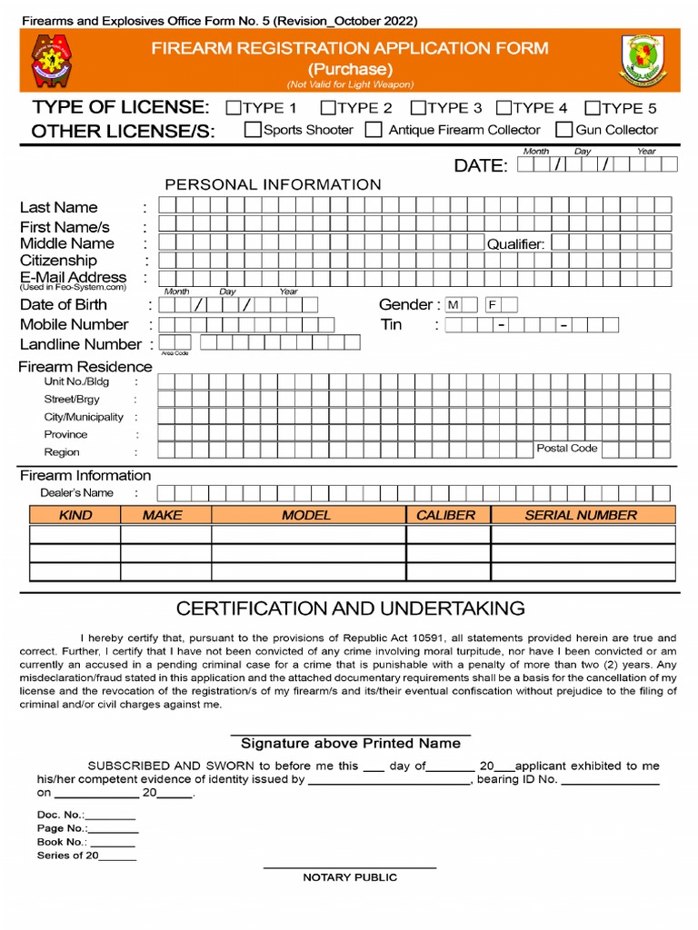 FEO FORM No. 5 Firearm Registration Application Purchase | PDF