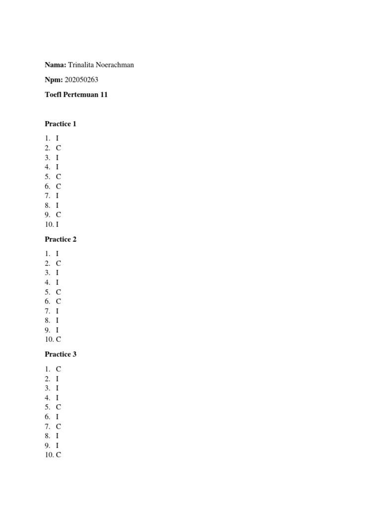 Answer Sheet TOEFL 7 - Trinalita | PDF