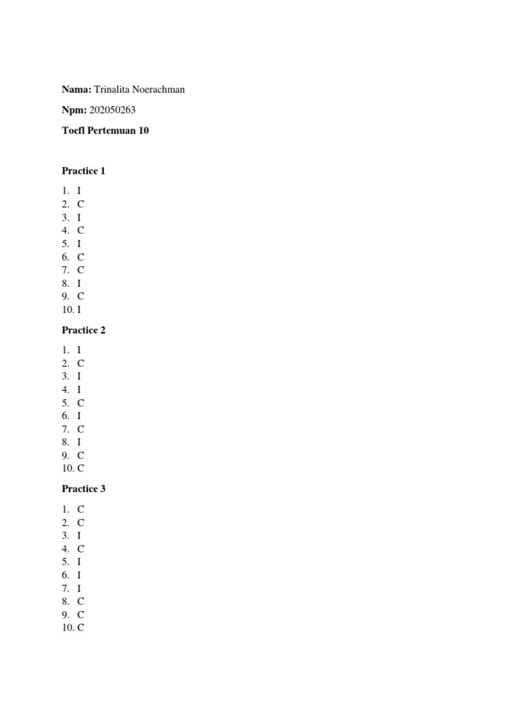 Answer Sheet TOEFL 6 - Trinalita | PDF