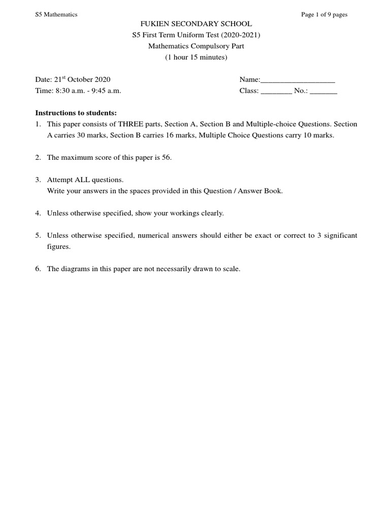 S5 Math Test for Students | PDF | Mathematical Analysis | Mathematical ...