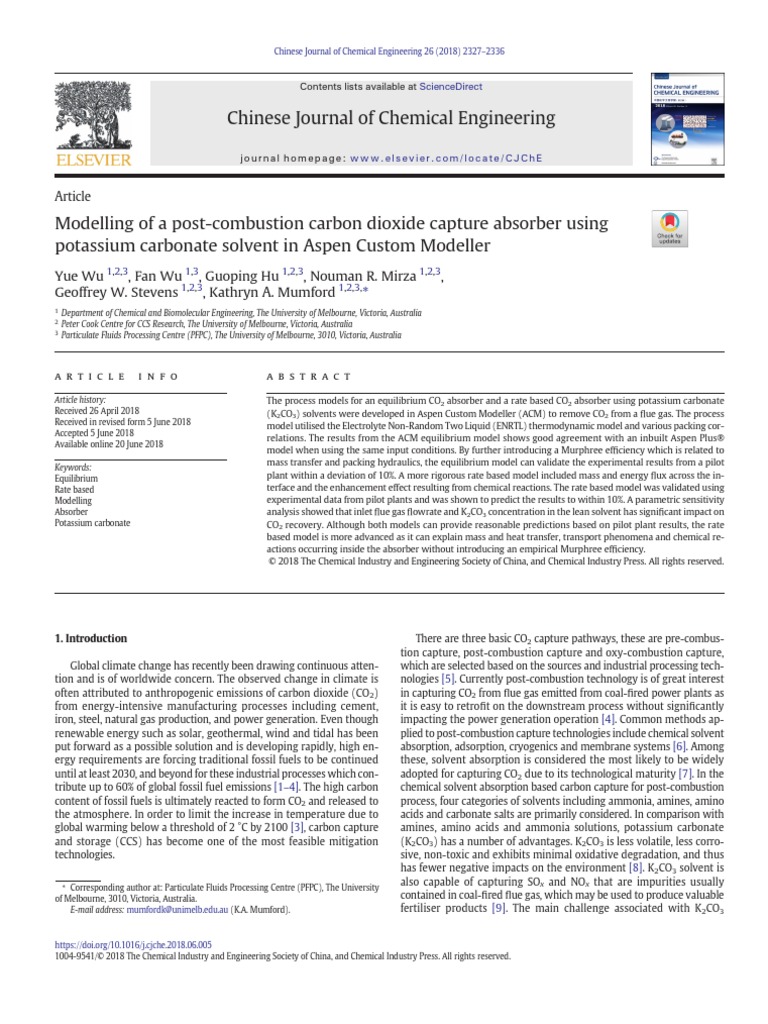 Wu - 18 - Modelling of A Post-Combustion Carbon Dioxide Capture Absorber Using Potassium ...
