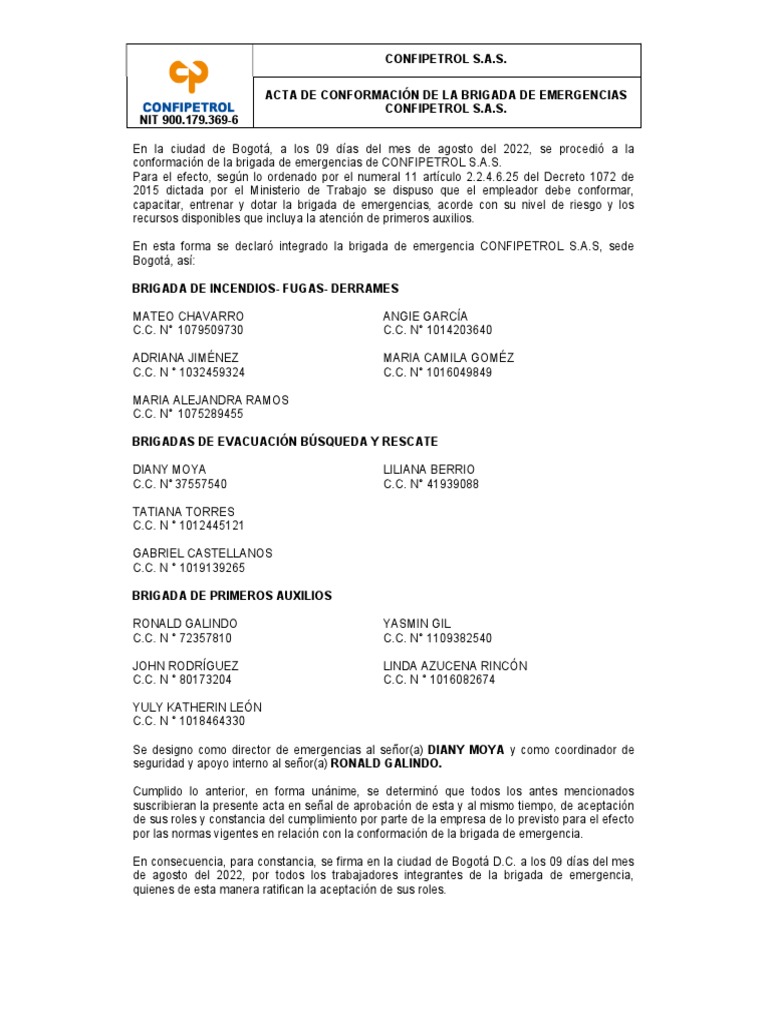 Acta de Conformación Brigada de Emergencia | PDF | Gobierno Acta de Conformación Brigada de Emergencia | PDF | Gobierno