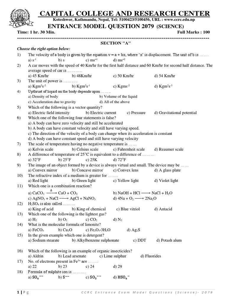 Science MODEL QUESTION 2079 | PDF | Velocity | Acceleration