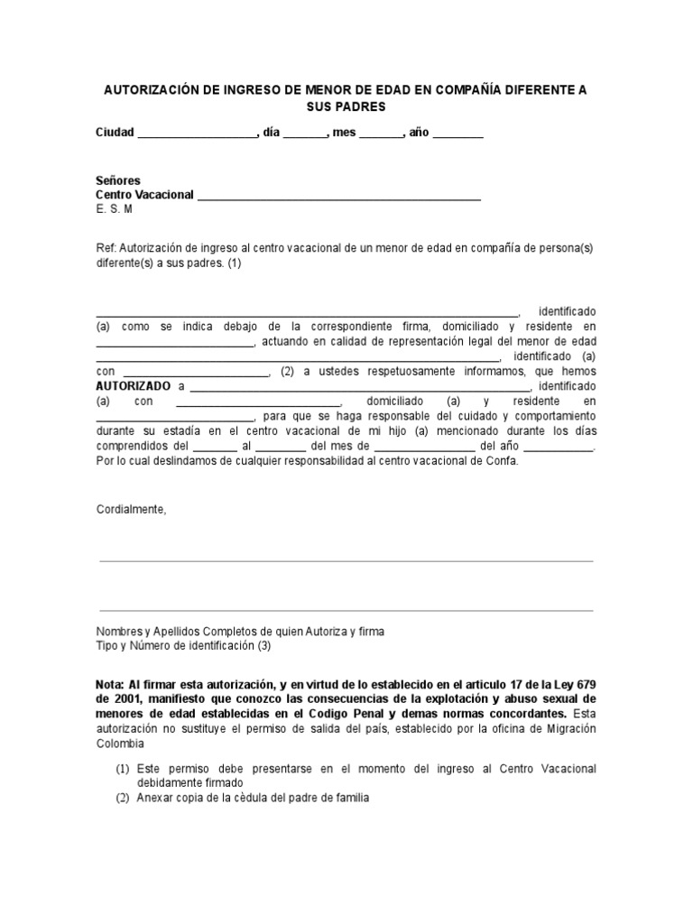 Modelo Carta Autorizacion Menores de Edad | PDF