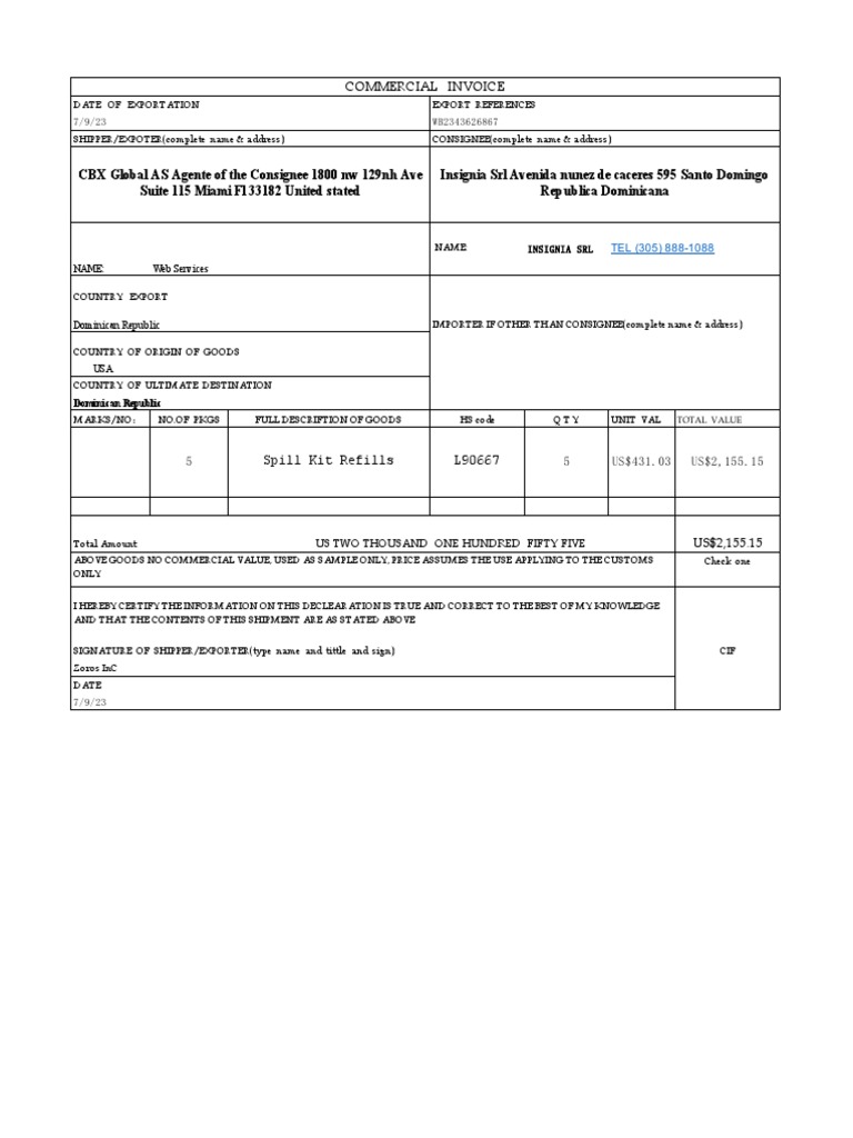 Commercial Invoice for Spill Kits | PDF | Finance & Money Management | Law