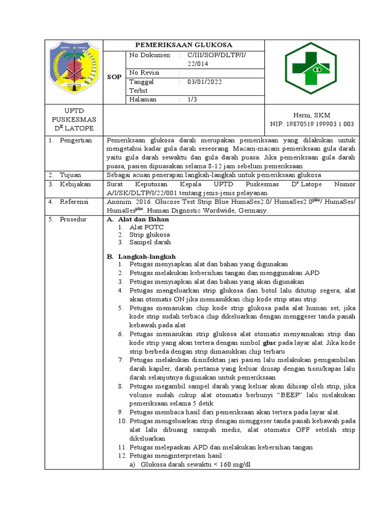 Sop Pemeriksaan Glukosa | PDF