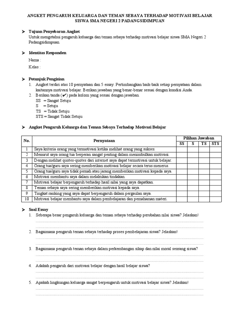 Angket Pengaruh Keluarga Dan Teman Sebaya Terhadap Motivasi Belajar ...