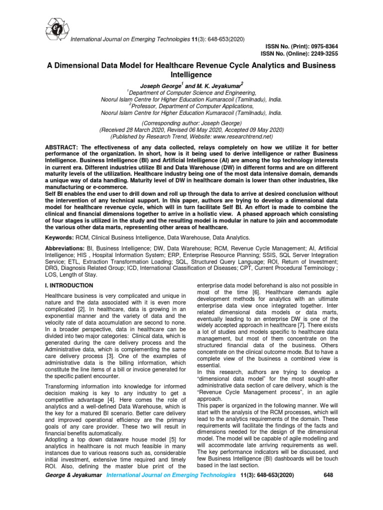 A Dimensional Data Model For Healthcare Revenue Cycle Analytics and Business Intelligence Joseph ...