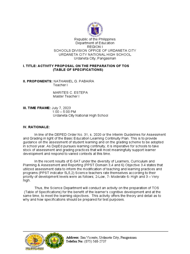 Preparing Table of Specifications (TOS) | PDF | Learning | Teachers