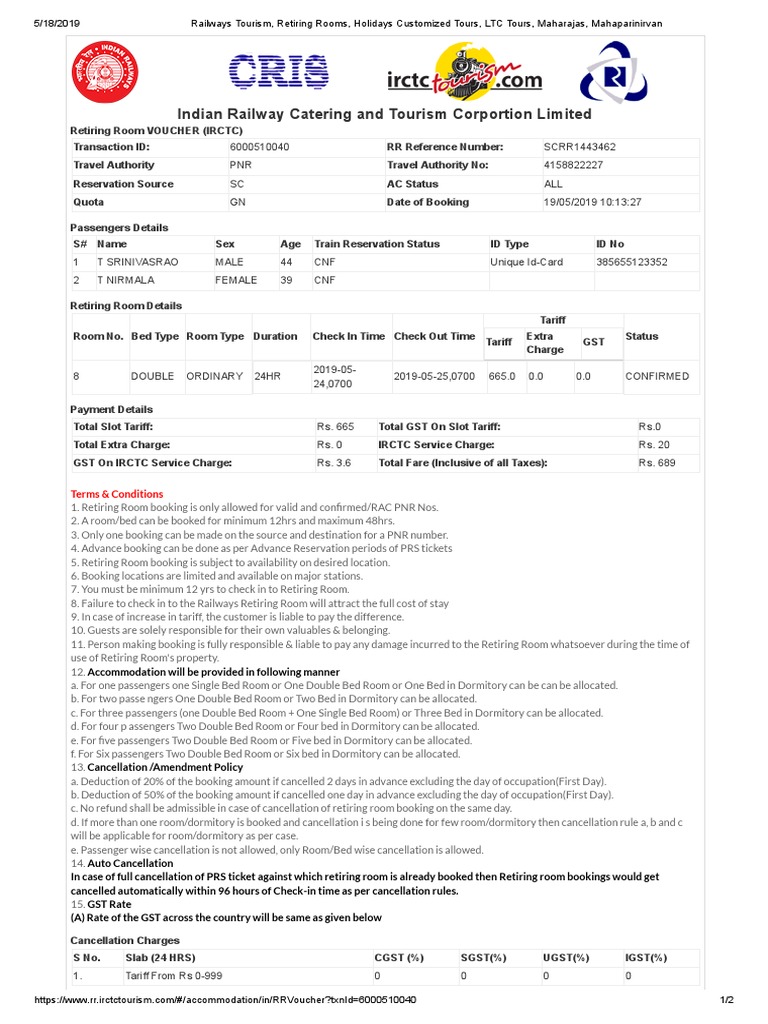 IRCTC Retiring Room Booking Details | PDF