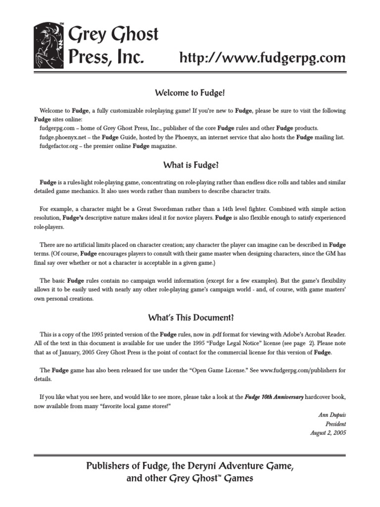 Fudge Core Book | Download Free PDF | Role Playing Games