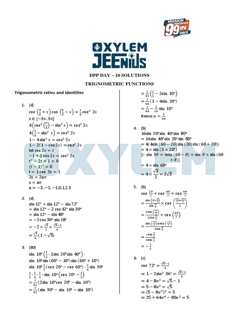 DPP Day - 10 Solutions Trignometric Functions Trigonometric Ratios and Identities | PDF ...