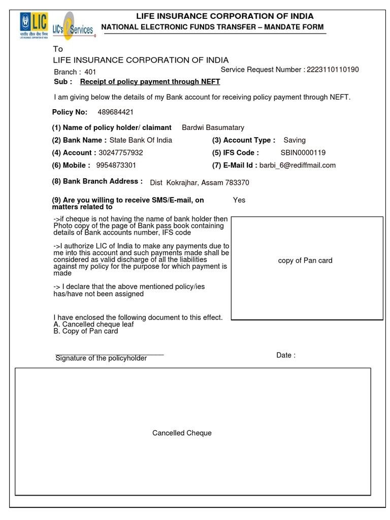 LIC NEFT - Form - 2223110110190 | PDF | Finance & Money Management