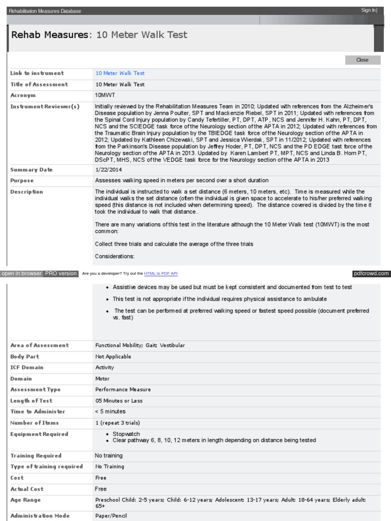 10 Meter Walk Test Overview | PDF | Traumatic Brain Injury | Physical ...
