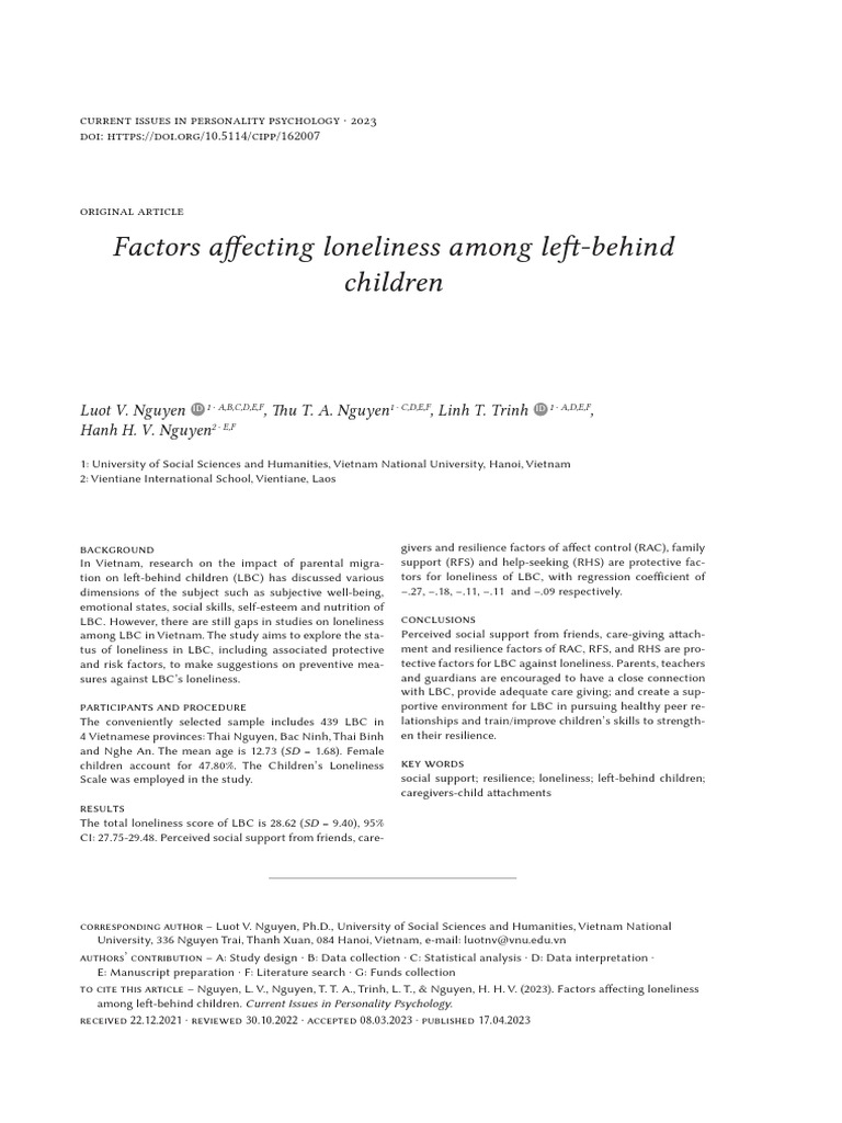 Factors Affecting Loneliness Among Left - Behind Children | PDF | Cost ...