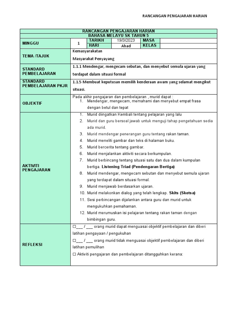 RPH Ringkas Minggu 1 BM SJK THN 5 2023 by Cikgu Gorgeous | PDF