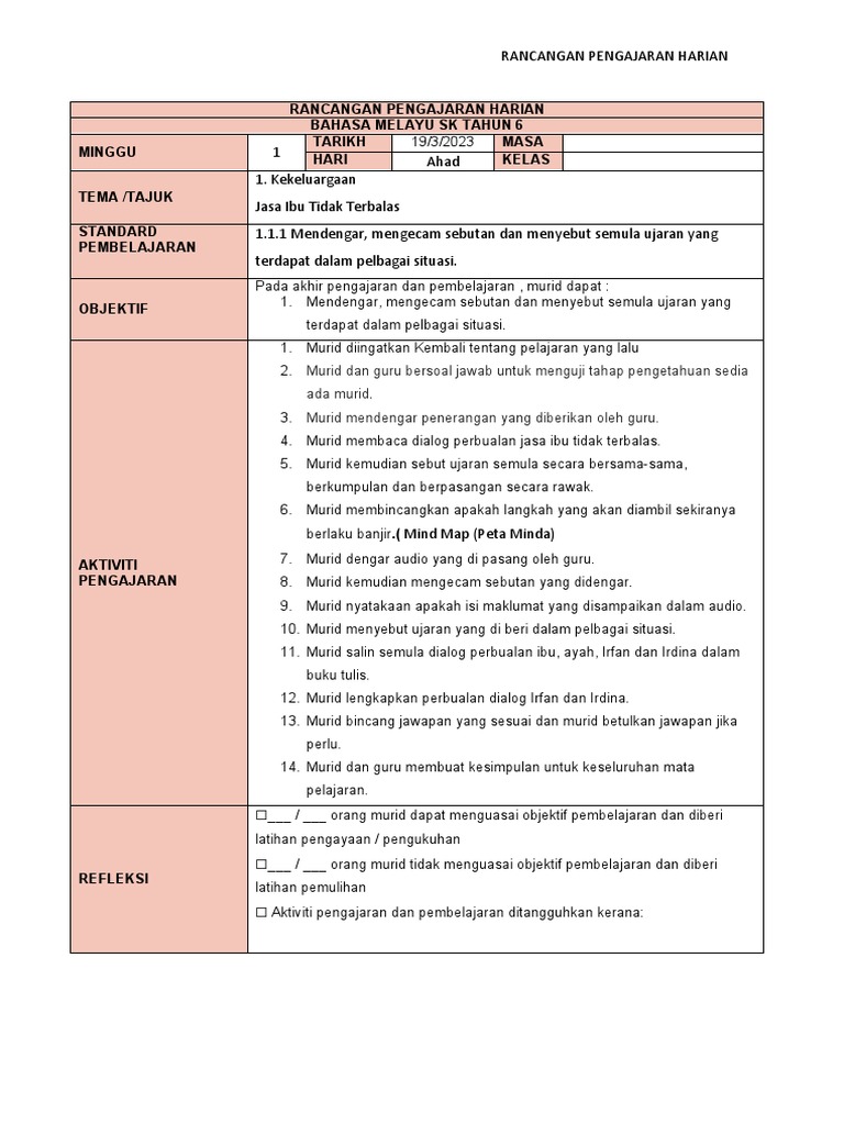 RPH Ringkas Minggu 1 BM SK THN 6 2023 by Cikgu Gorgeous | PDF