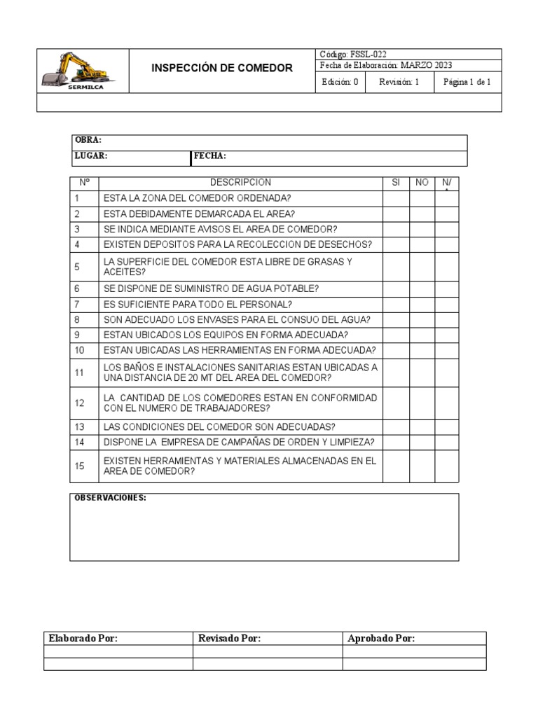 FSSL022 Inspeccion de Comedor | PDF FSSL022 Inspeccion de Comedor | PDF