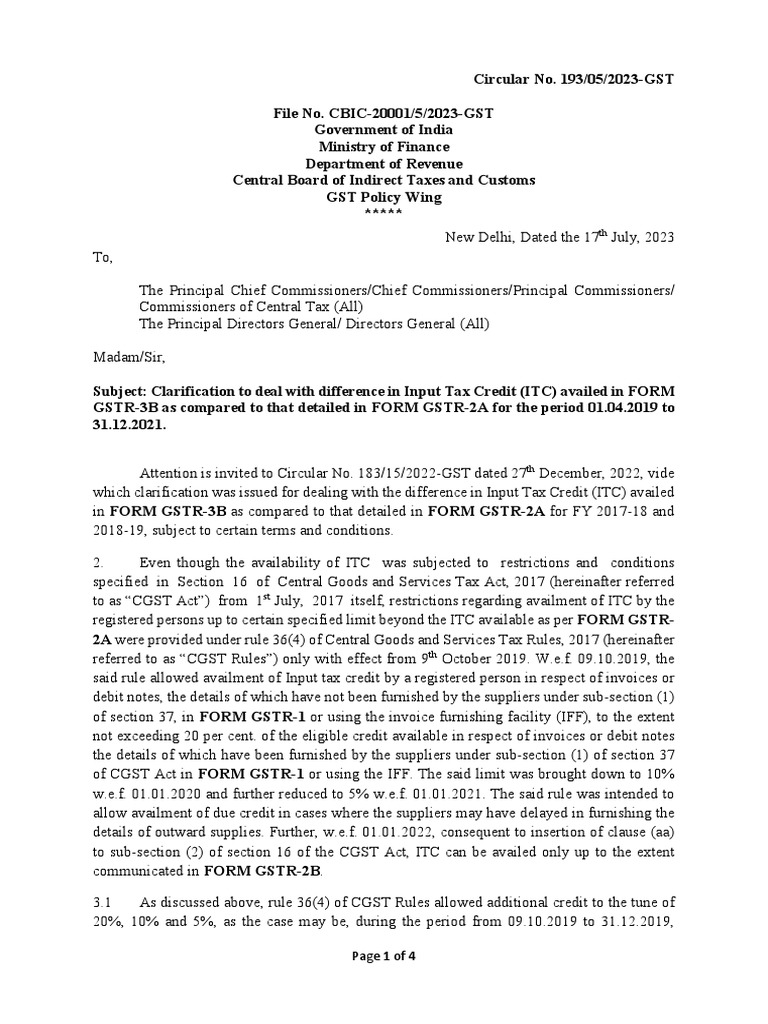 Circular CGST 193 | PDF | Invoice | Public Law
