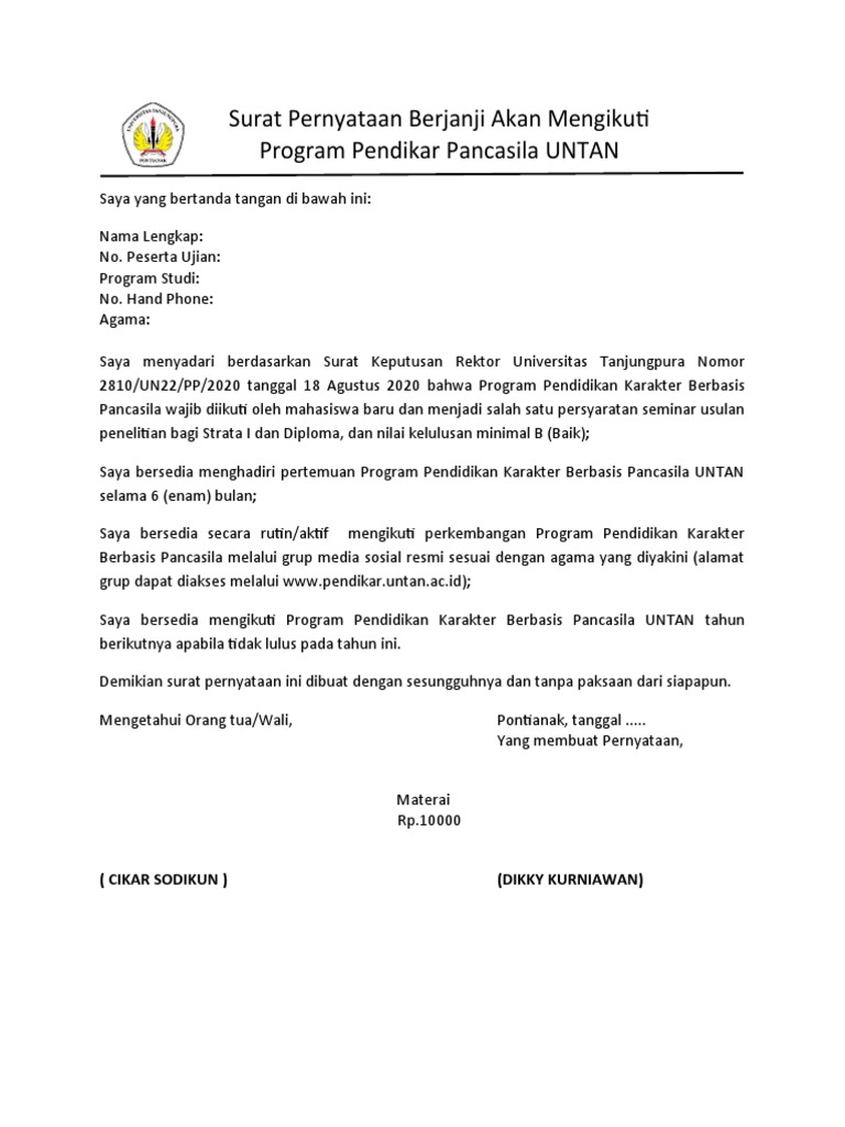 Surat Pernyataan Program Pendikar UNTAN | PDF