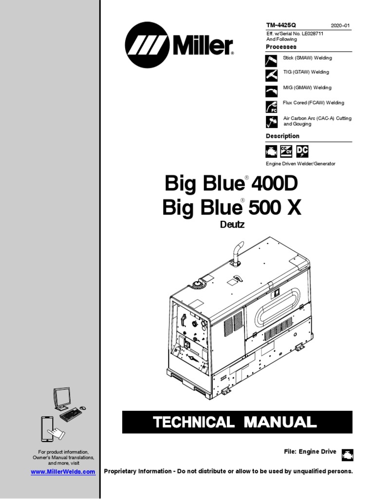 Miller Big Blue 400 - 500 T4425Q - MIL | PDF | Welding | Construction