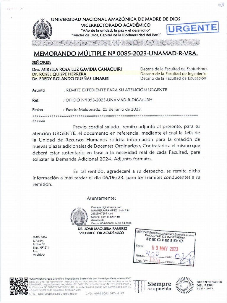 Exp #1639 - Memorando Múltiple #0085-2023-Unamad-R-Vra | PDF