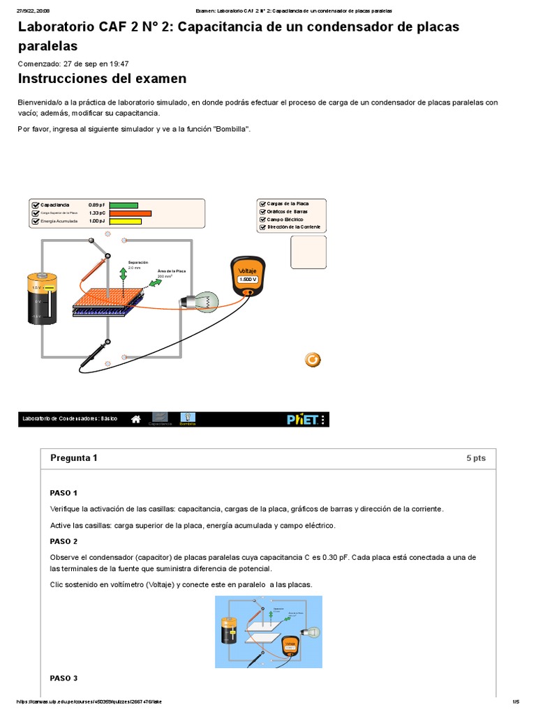 Examen - Laboratorio CAF 2 #2 - Capacitancia de Un Condensador de Placas Paralelas | Descargar ...