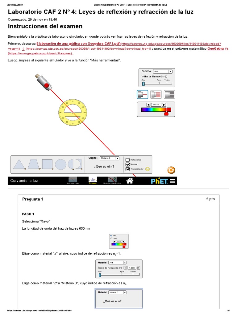 Examen - Laboratorio CAF 2 #4 - Leyes de Reflexión y Refracción de La Luz | Descargar gratis PDF ...