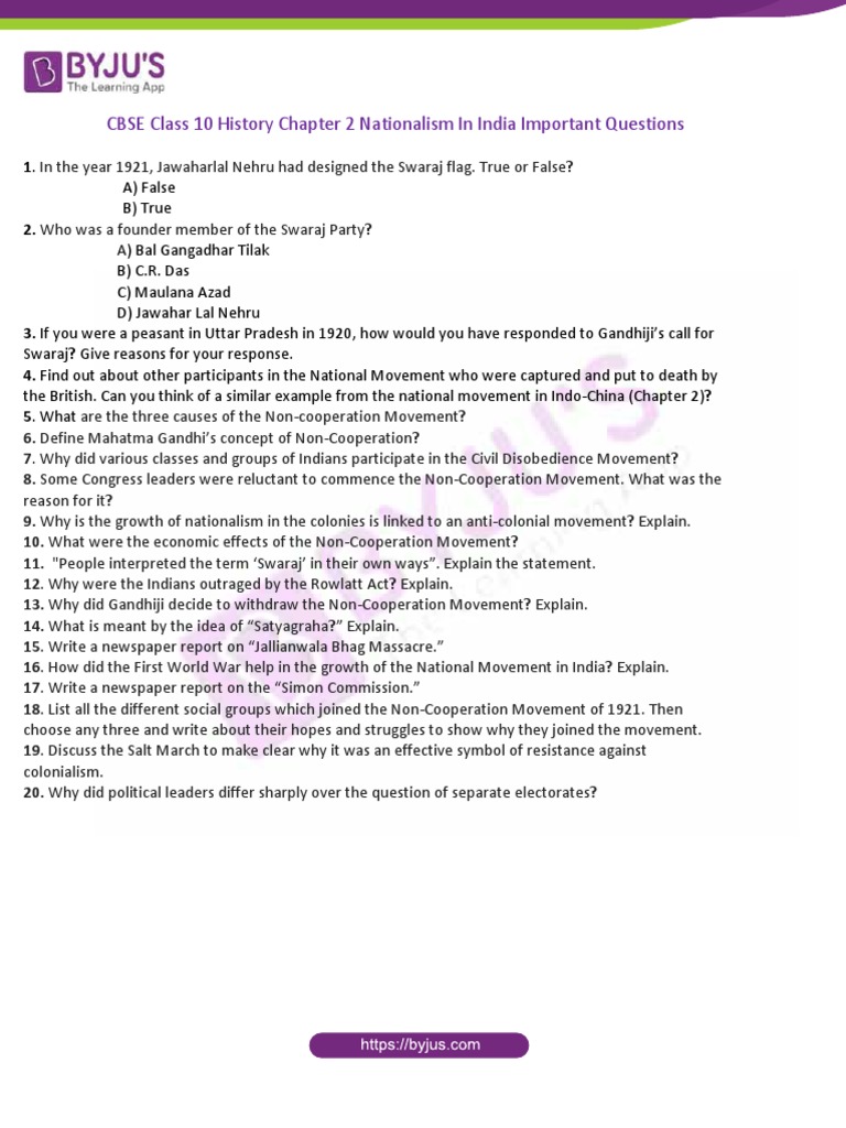 CBSE Class 10 History Chapter 2 Nationalism in India Important Questions | PDF